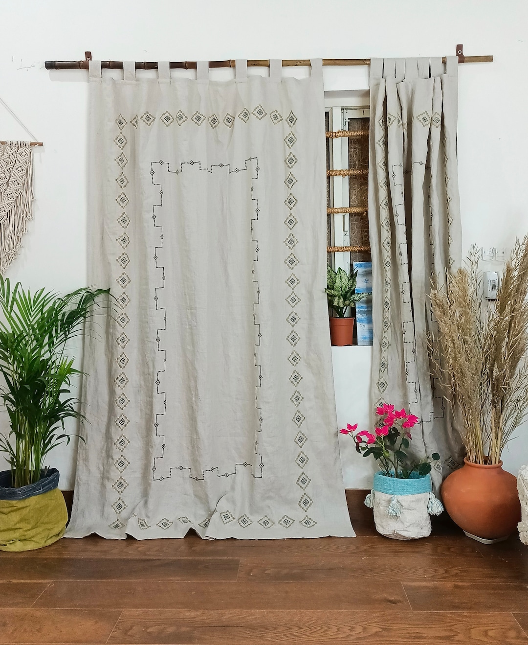 Embroidered Linen Curtain Panel: Natural Linen Curtains| Boho Farmhouse ...