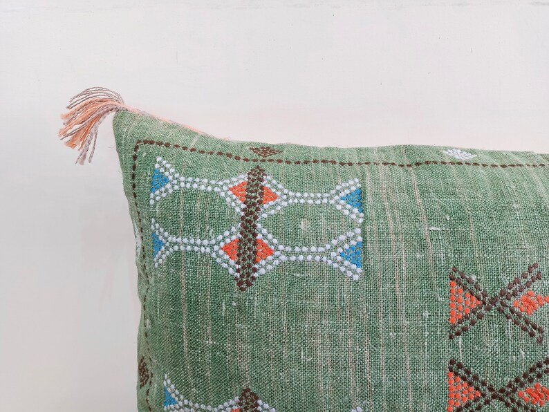 Hand Embroidered Green Linen Lumbar Pillow Cover: Boho Tassel Cushion ...