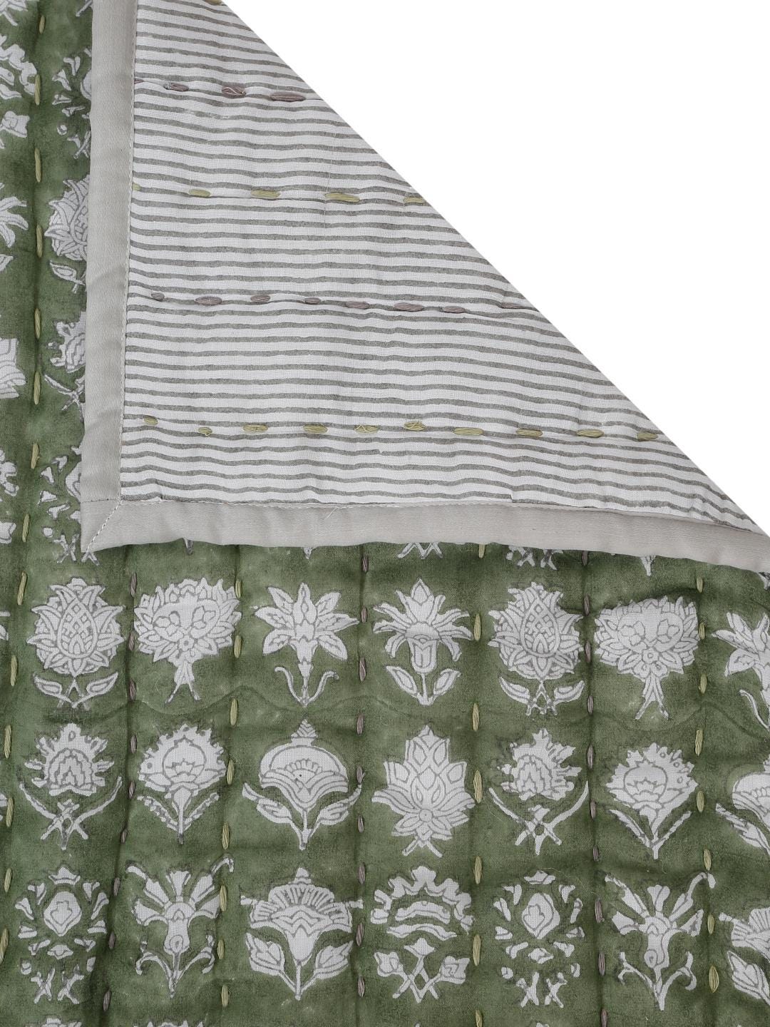 Hand Block Printed Cotton Throw Blanket: Somya Kantha Quilted Throw ...