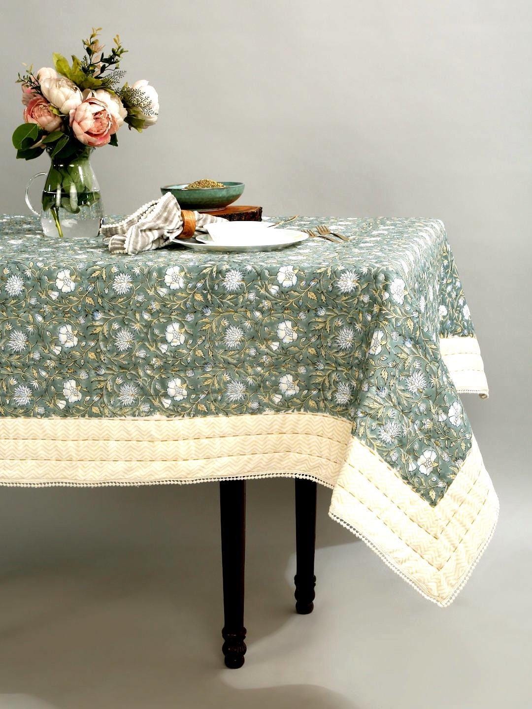 Hand Block Printed Kantha Quilted Tablecloth, Floral Boho Farmhouse ...