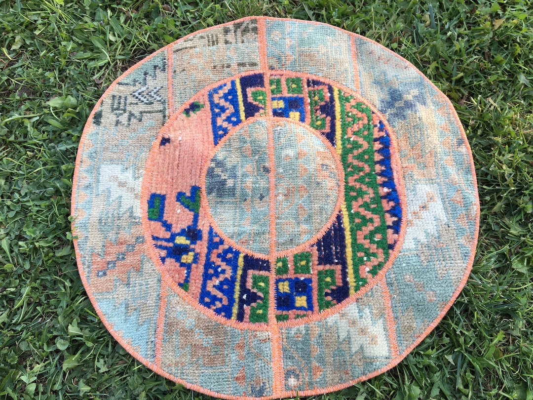 Vintage Turkish Round Rug: Handwoven Wool Patchwork Rug (2x2 Ft) - Etsy