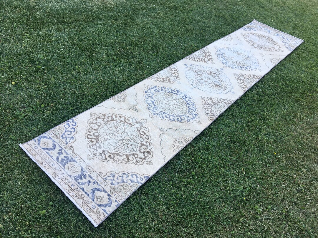 Vintage Blue and Brown Runner Rug, Oushak Rug Runner, Turkish Runner ...