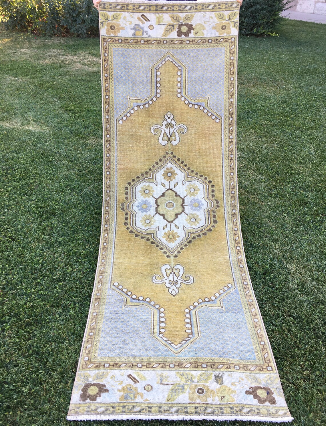 Oushak Runner Rug, Turkish Rug Runner, Green Wool Runner, Handmade Rug ...