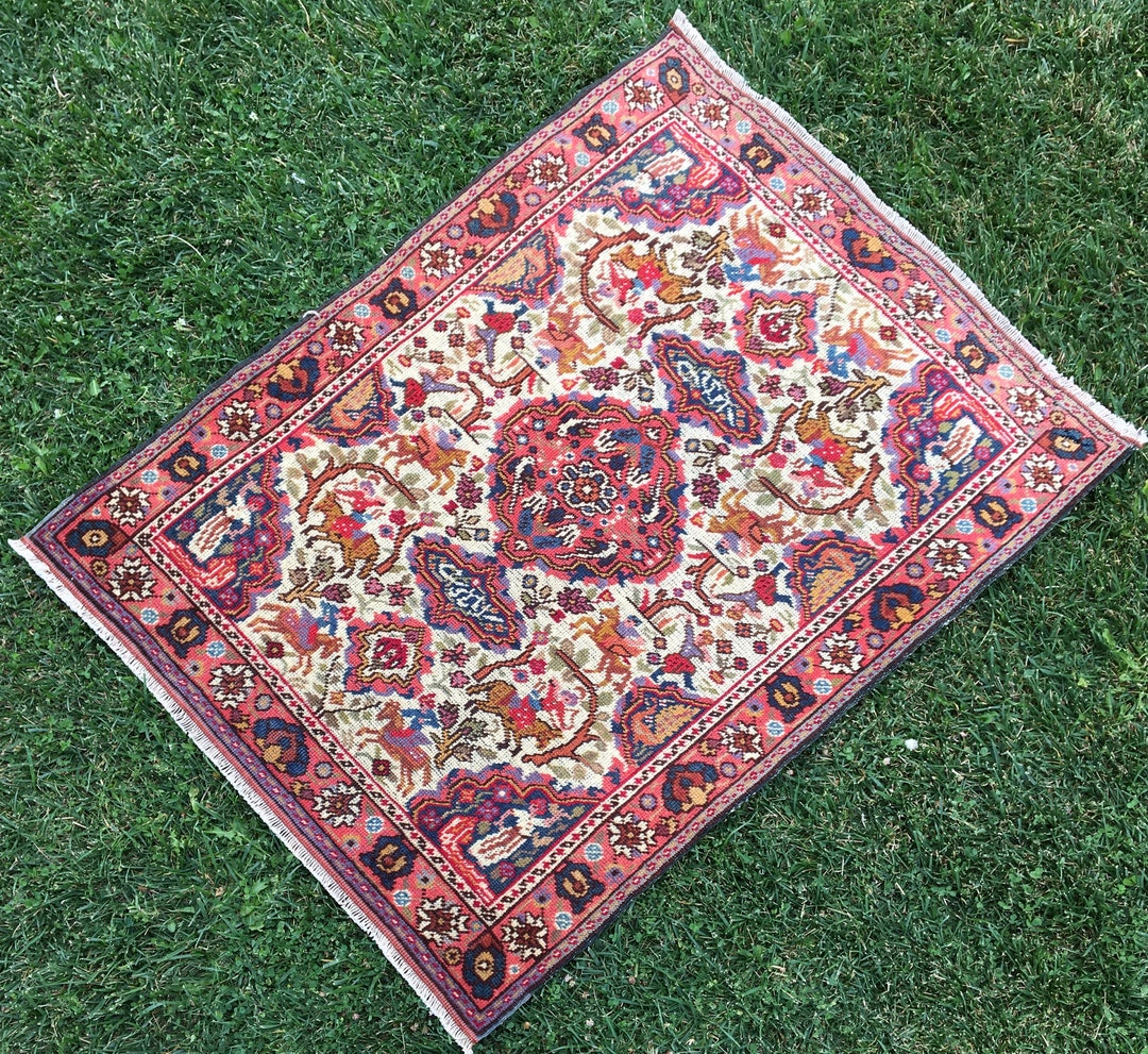 Vintage Persian 3x4 Rug, Handmade Antique Rug, Area Carpet, Farmhouse ...
