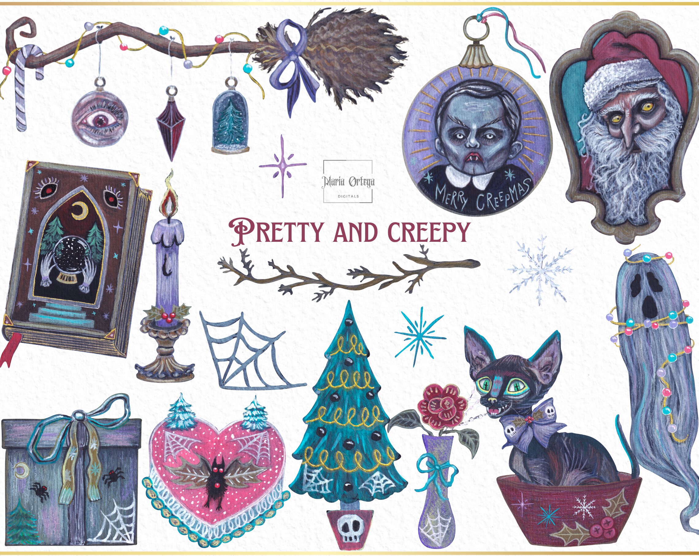Pastel Goth Christmas Clipart Illustrations PNG Watercolor and Gouache ...