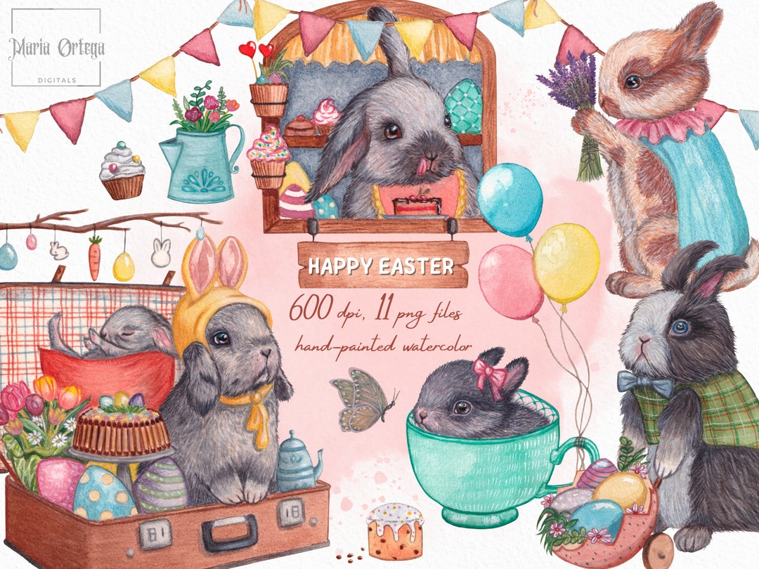 Watercolor Happy Easter Clipart, Bunnies Clipart - Etsy