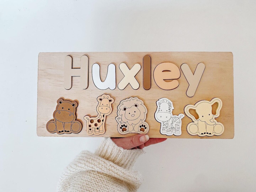 Brown African Safari Animals Personalized Wooden Name Puzzle, Baby Gift ...