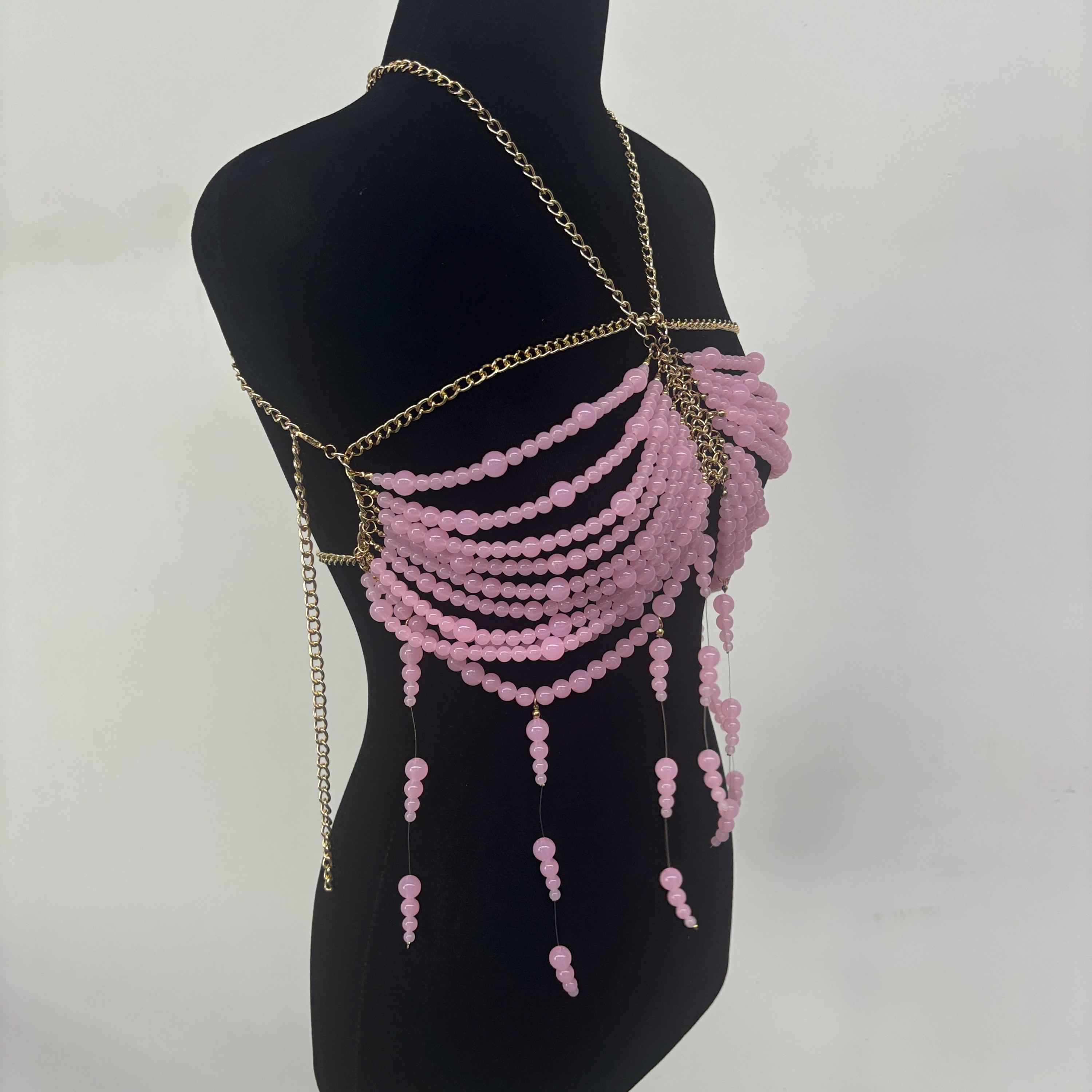 Beaded Pearl Body Chain, Rave Bra, Custom Beaded Top, Pearl Body Chain ...