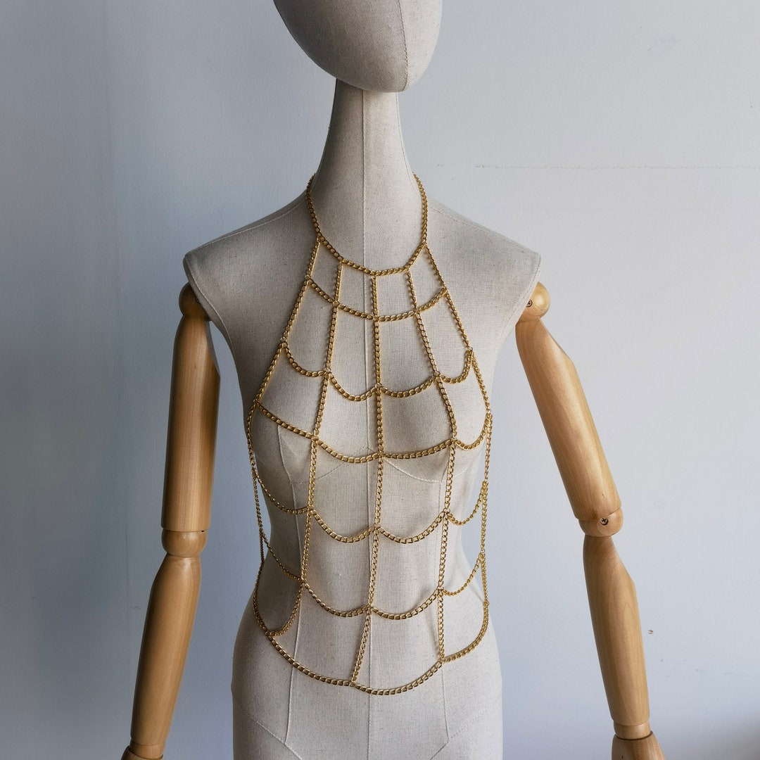 Gold Top Lattice Body Chain, Fashionable Body Jewelry, Gold Chain Bra ...