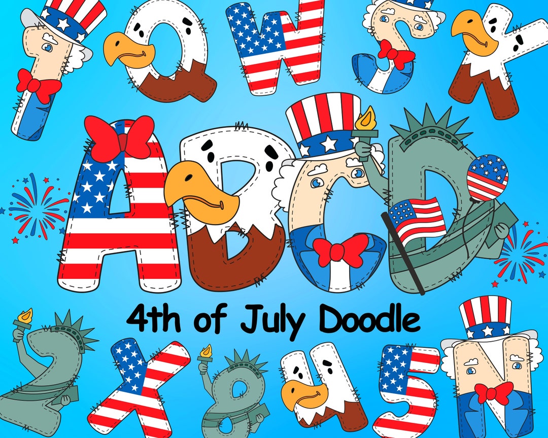 4th of July Doodle Alphabet, American Independence Day, Patriotic ...
