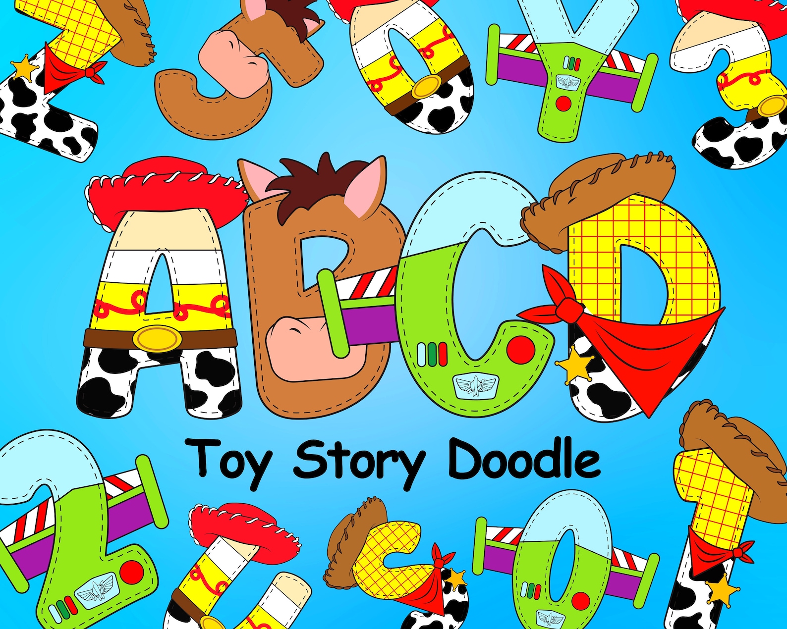 Alfabeto de Doodle de Toy Story, alfabeto de personajes de Woody ...