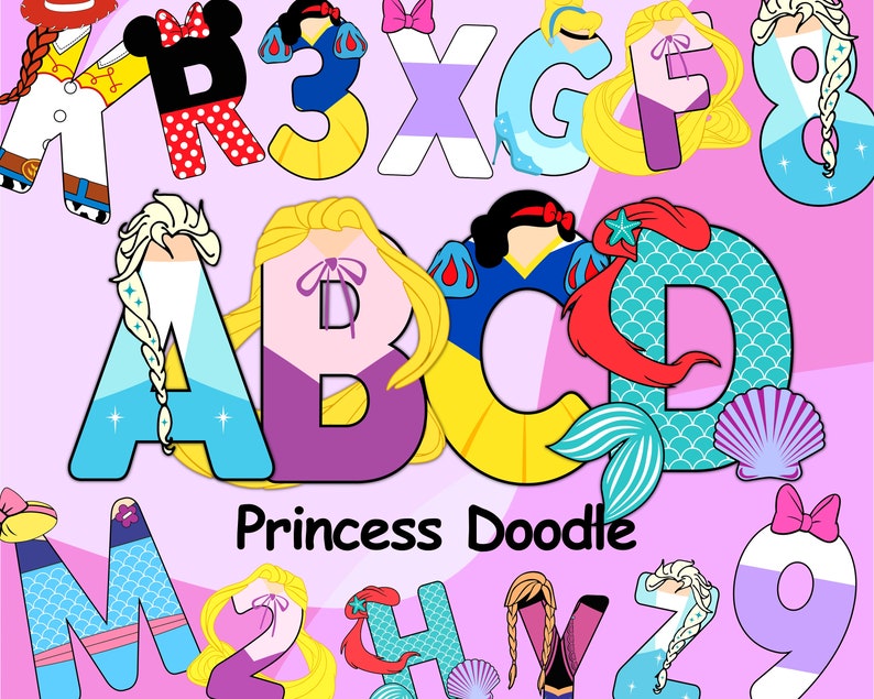 Princess Doodle Alphabet, Frozen Little Mermaid Snow White Cinderella ...