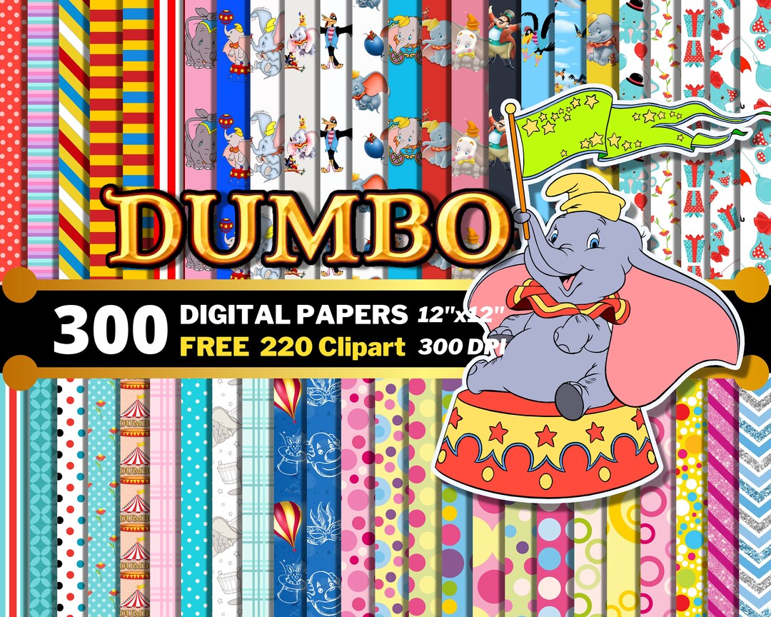 Dumbo Digital Papers, Dumbo Clipart PNG, Dumbo Baby Shower Printable ...