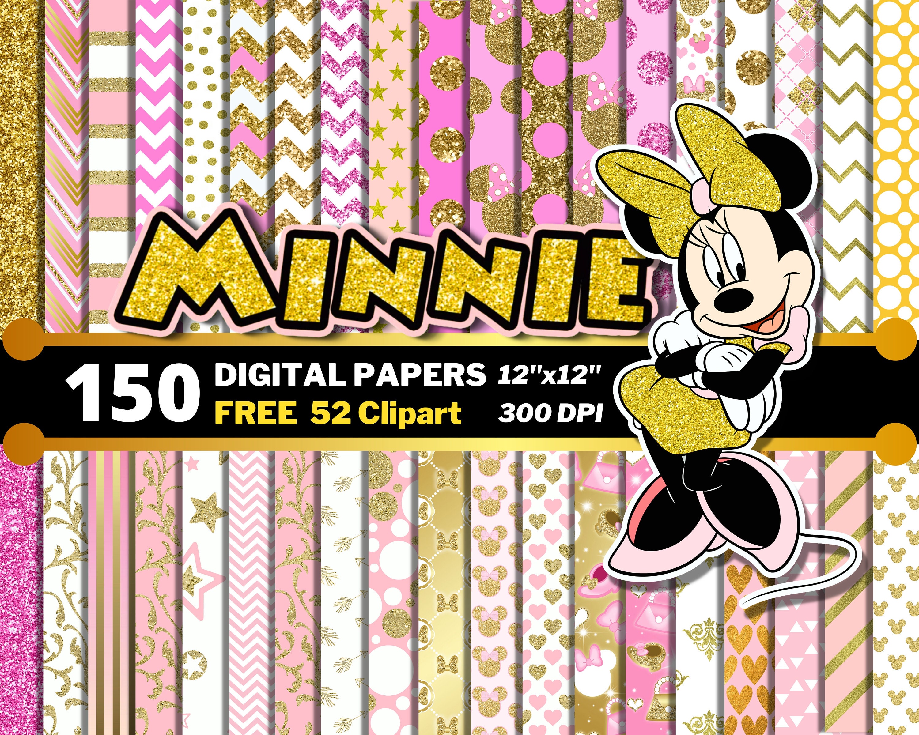 Minnie Mouse Gold Digital Papers, Minnie Mouse Clipart PNG, Seamless ...