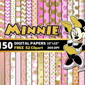 Minnie Mouse Gold Digital Papers, Minnie Mouse Clipart PNG, Seamless ...