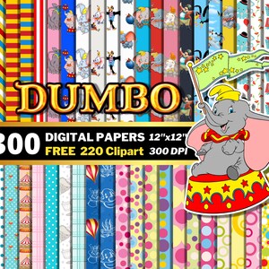 Dumbo Digital Papers, Dumbo Clipart PNG, Dumbo Baby Shower Printable ...