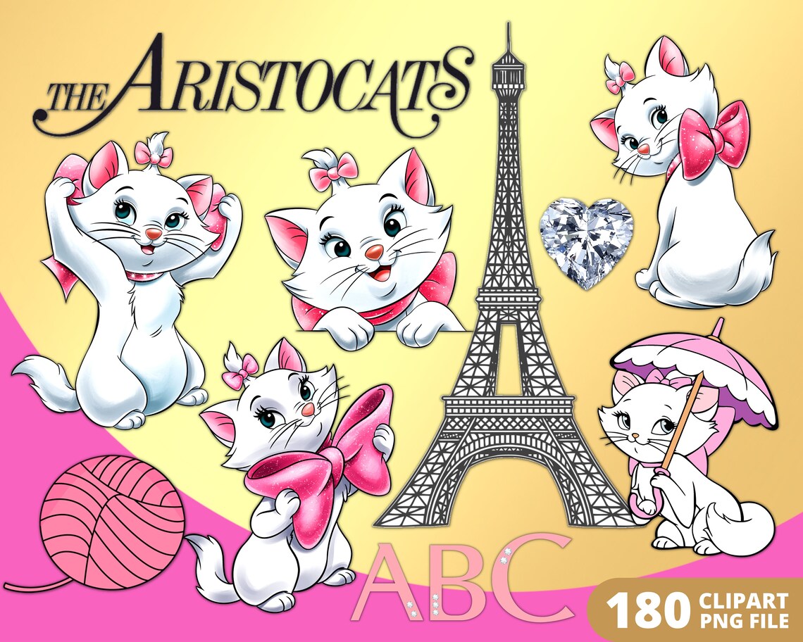 Aristocats Digital Papers, Marie Cat Clipart PNG, Marie Eiffel Tower ...