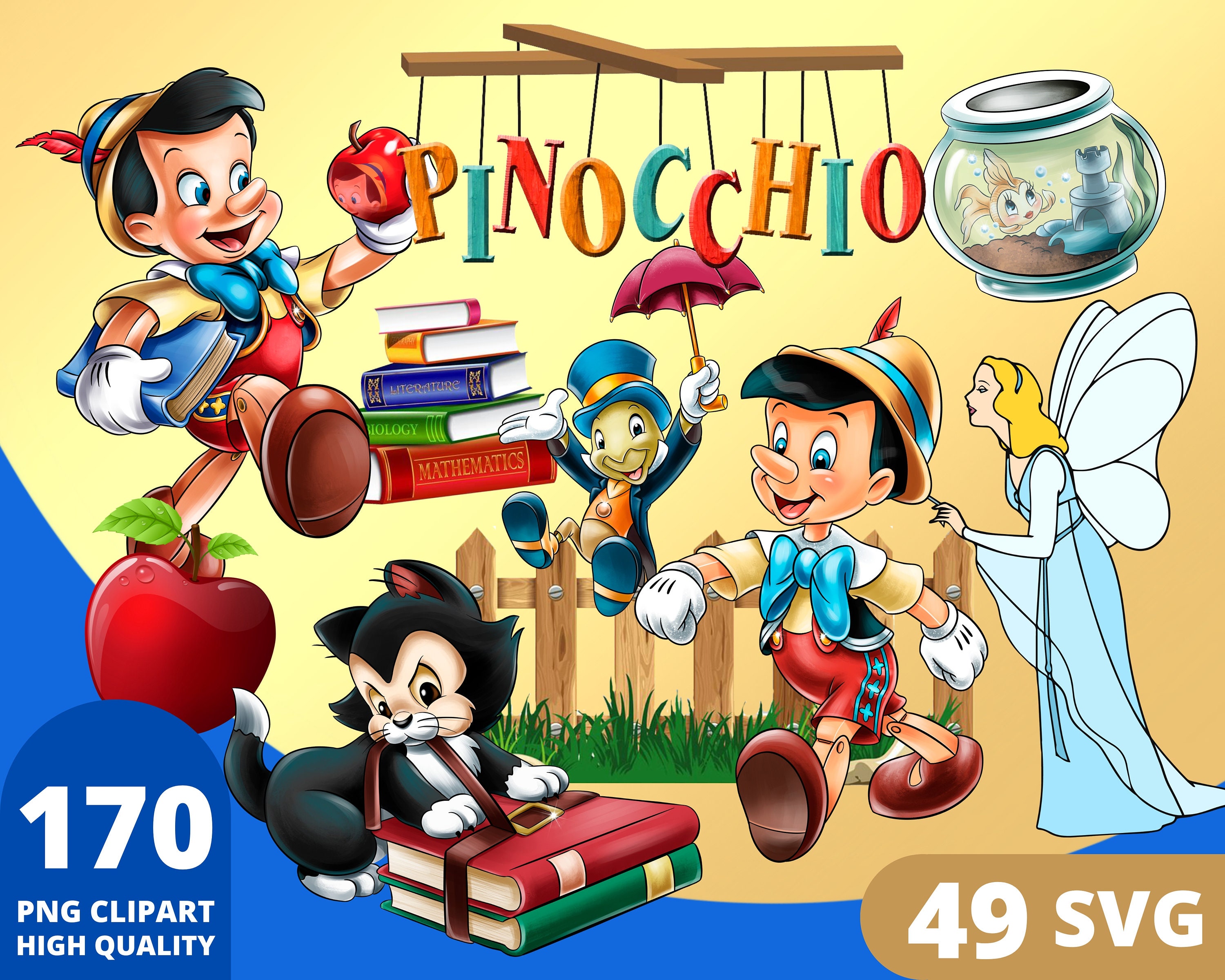 Pinocchio Clipart PNG Pinocchio SVG Geppetto Figaro Jiminy - Etsy México
