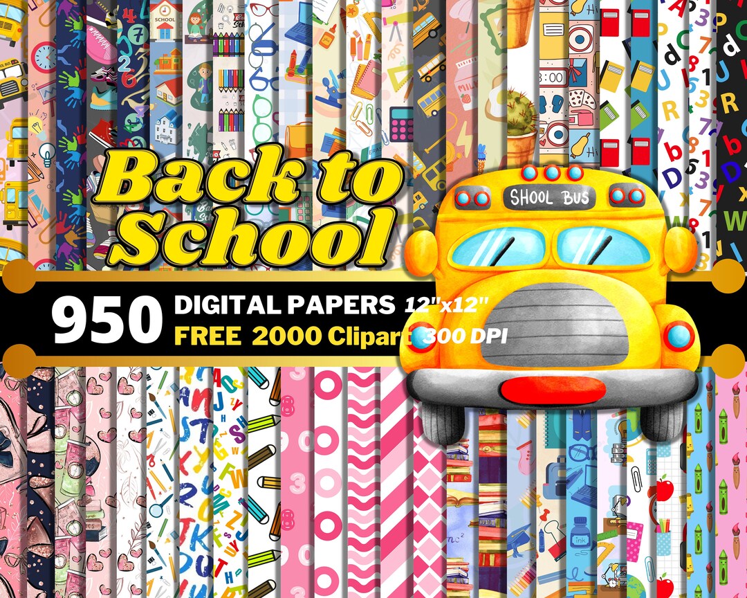 Back to School Digital Papers, School Supplies Clipart PNG, Wrapping ...