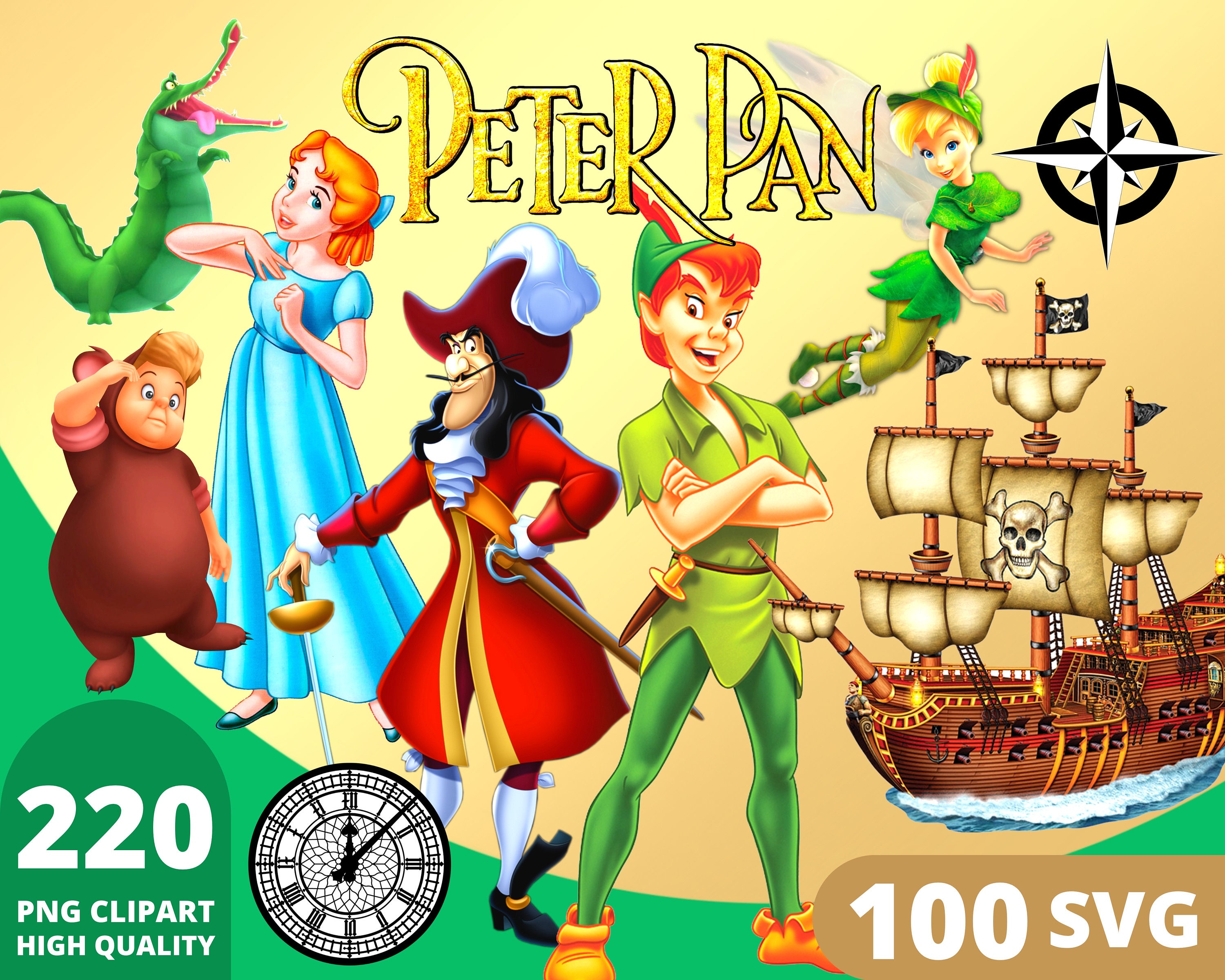 Peter Pan Digital Papers, Clipart PNG & SVG Bundle, Captain Hook ...