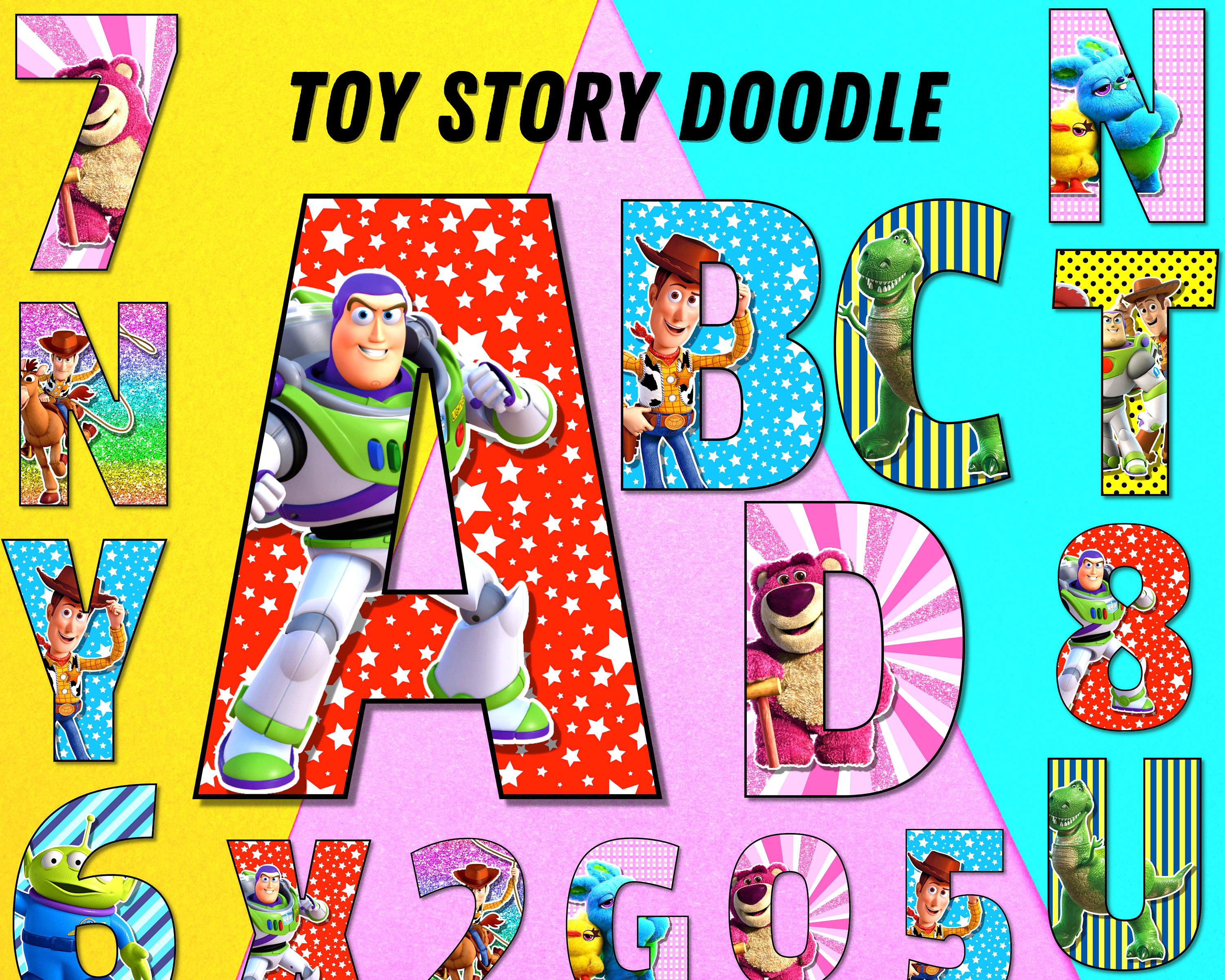 Toy Story Doodle Alphabet, Woody Character Alphabet, Buzz Lightyear ...
