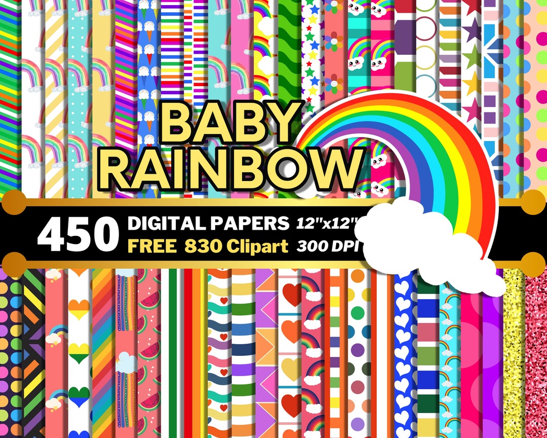 Babyrainbow Digital Papers, Rainbow Clipart PNG, Baby Birthday Wrapping ...