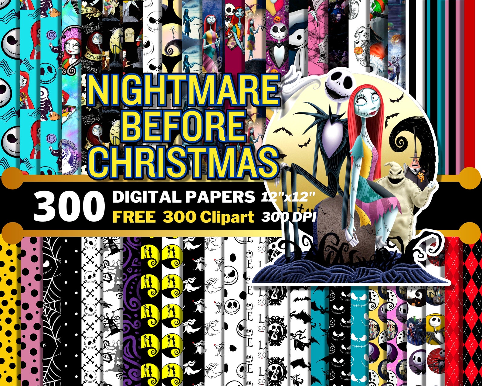 Nightmare Before Christmas Digital Papers, Jack and Sally Clipart PNG ...