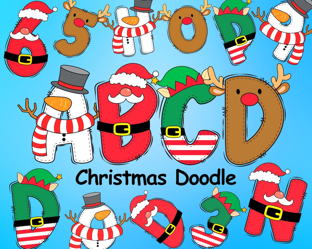 Christmas Doodle Alphabet, Reindeer, Elf, Santa Claus, Snowman ...