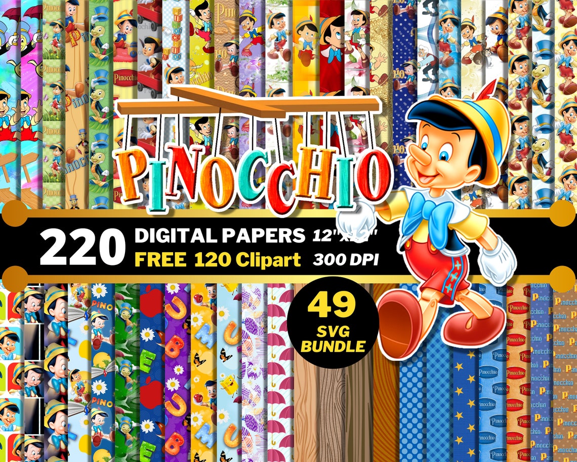 Pinocchio Digital Papers, Pinocchio Clipart PNG, SVG Bundle, Geppetto ...