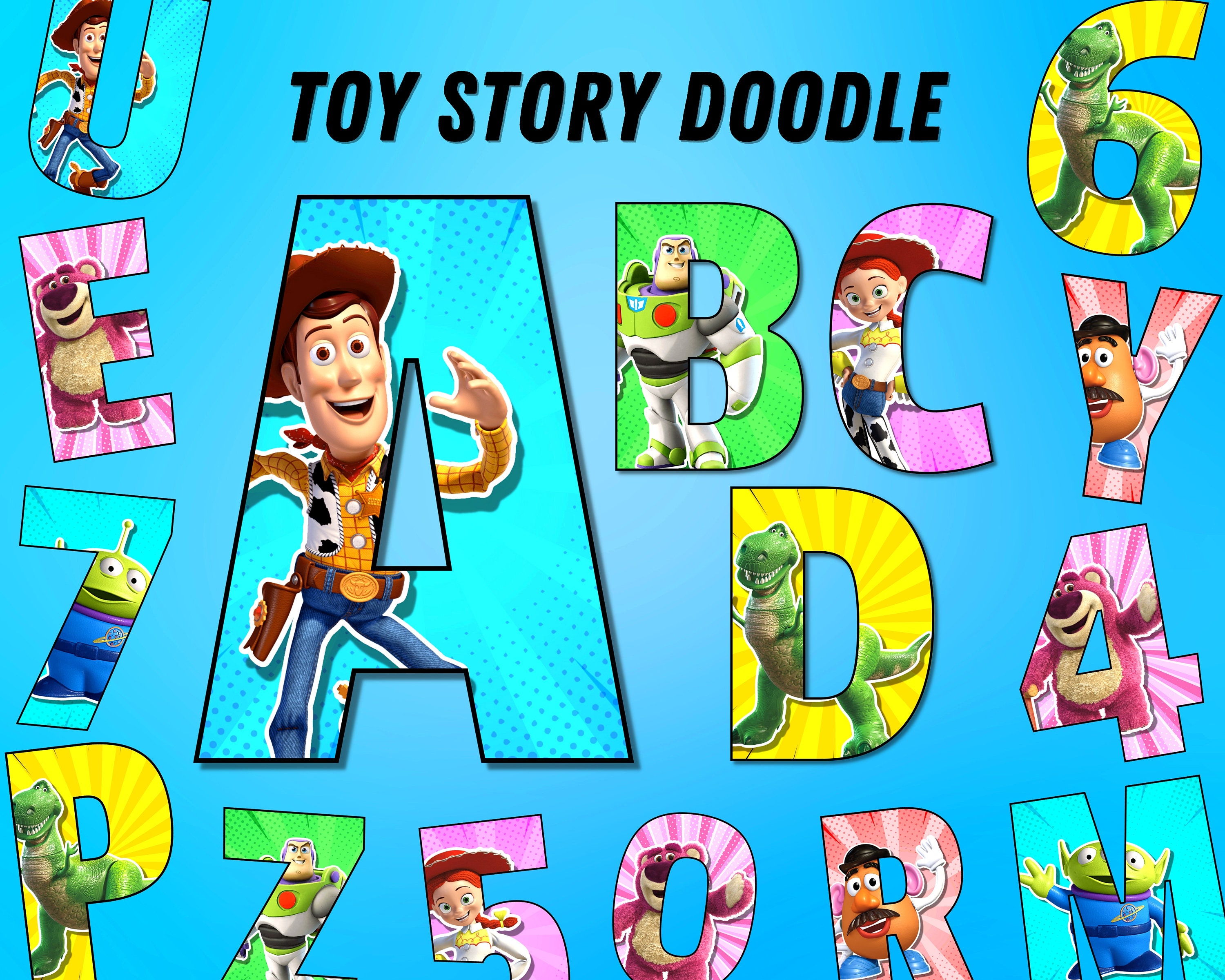 Toy Story Doodle Alphabet, Woody Character Alphabet, Buzz Lightyear ...