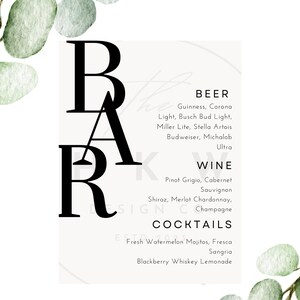 Bar Sign Reception Sign, Bar Menu, Reception Drink Menu, Modern Sign ...
