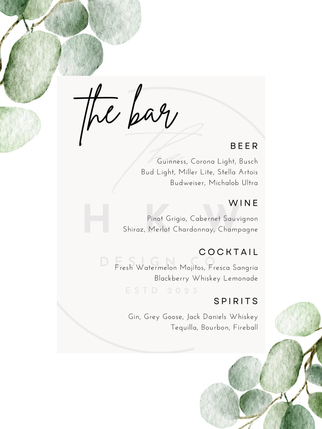 Bar Menu Sign 2, Bar Sign Reception Sign, Bar Menu, Reception Drink ...