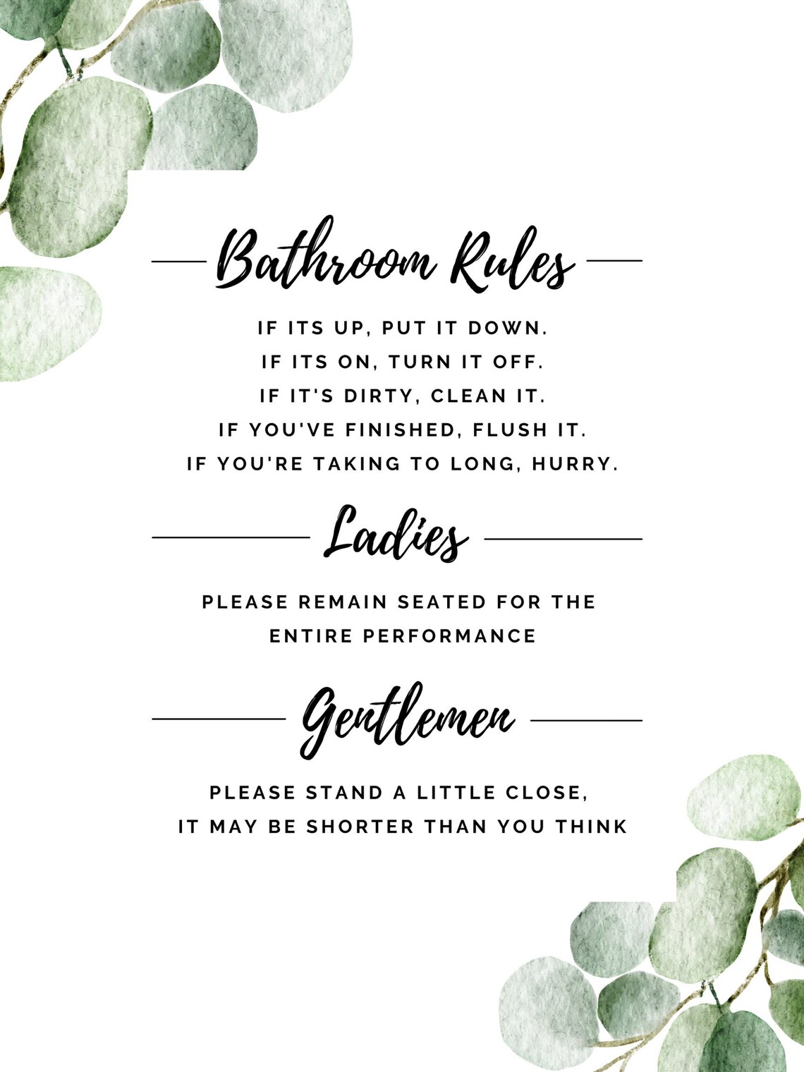 Bathroom Rules, Bathroom Decor, Funny Bathroom Wall Art, Digital ...