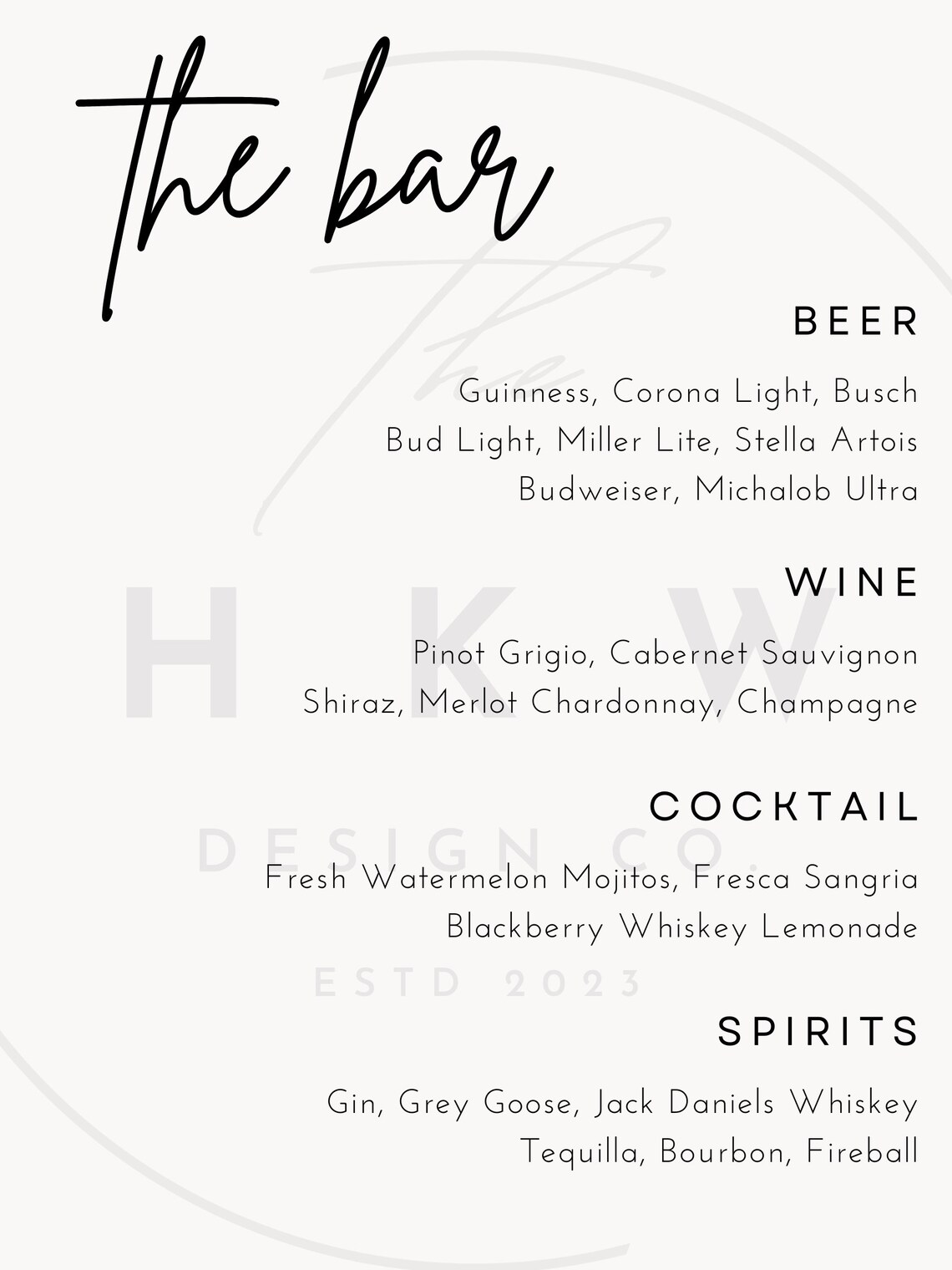 Bar Menu Sign 2, Bar Sign Reception Sign, Bar Menu, Reception Drink ...