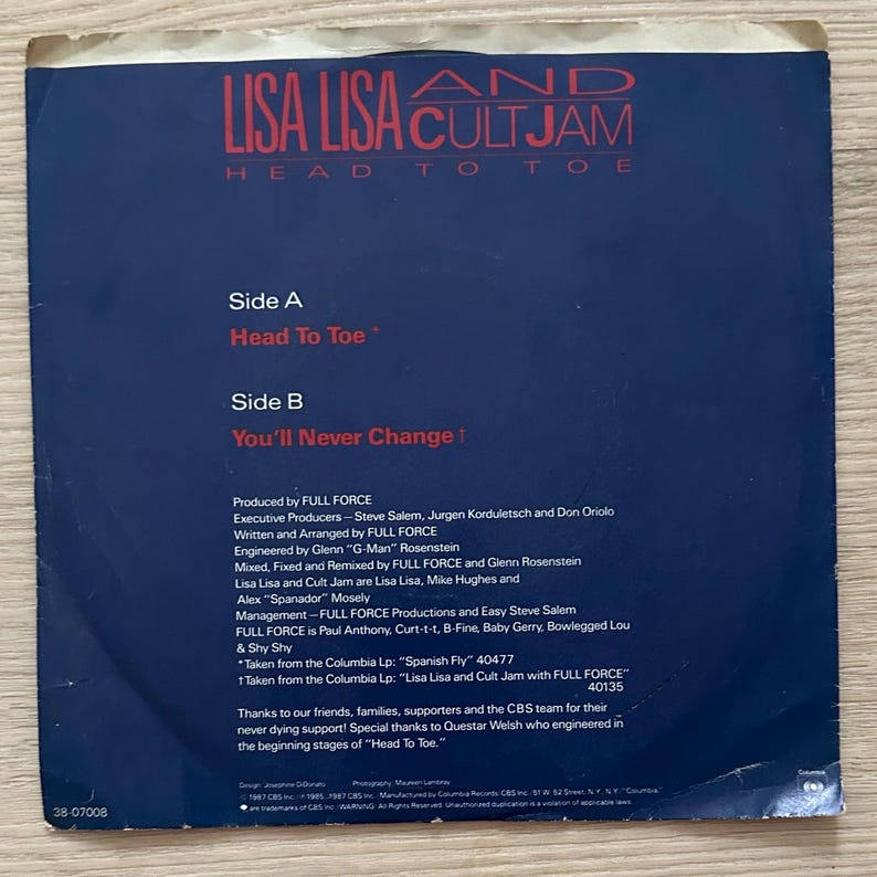 Head to Toe by Lisa Lisa and Cult Jam 38-07008 7” 45 RPM Vintage Vinyl ...