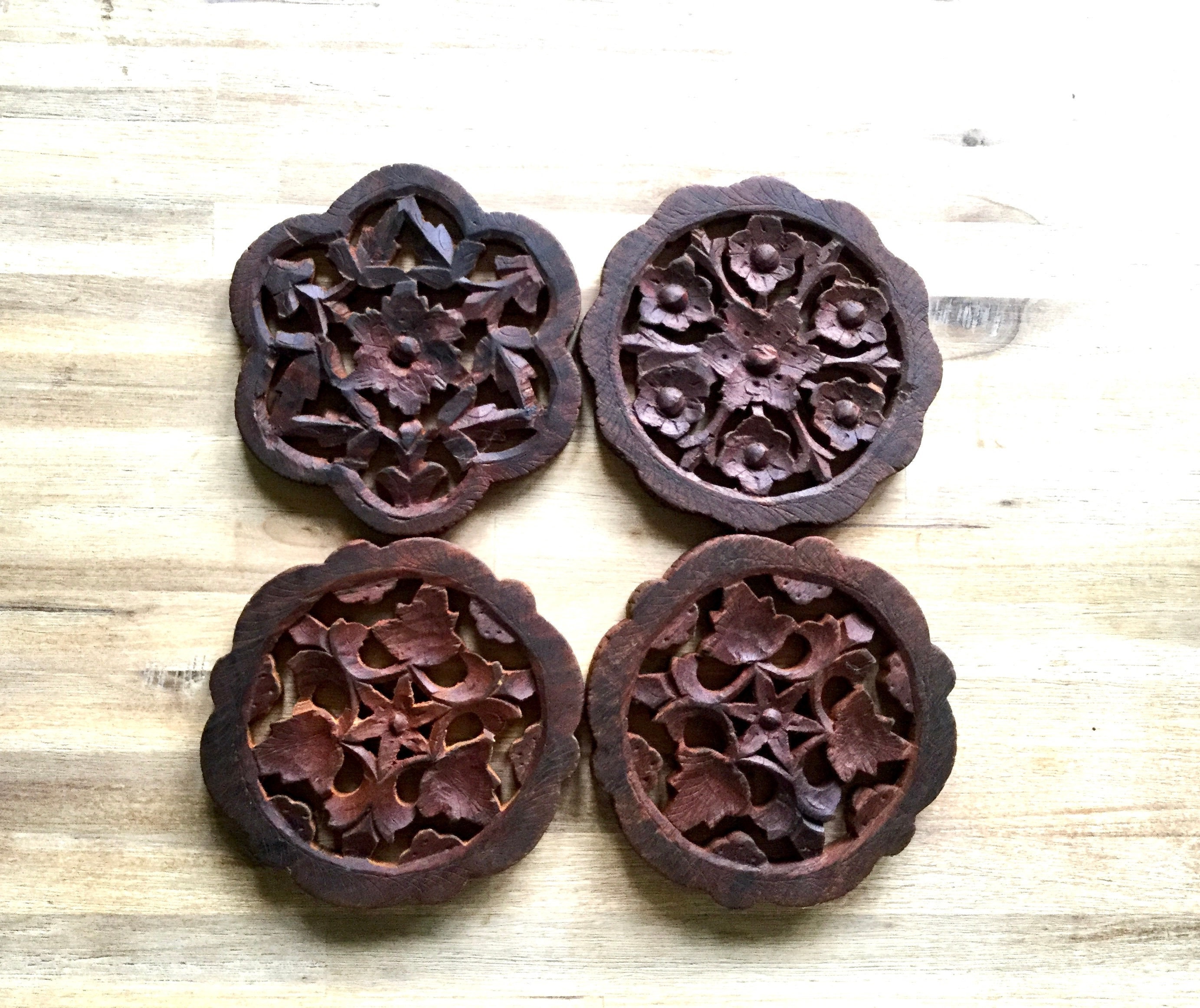 Pan Coasters Wood, Hand Carving India, Sheesham Wood, Set of 4, Boho ...