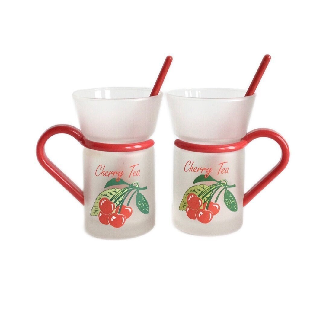 Two Vintage Tea Glasses With Teaspoons Cherry Tea Cherry - Etsy