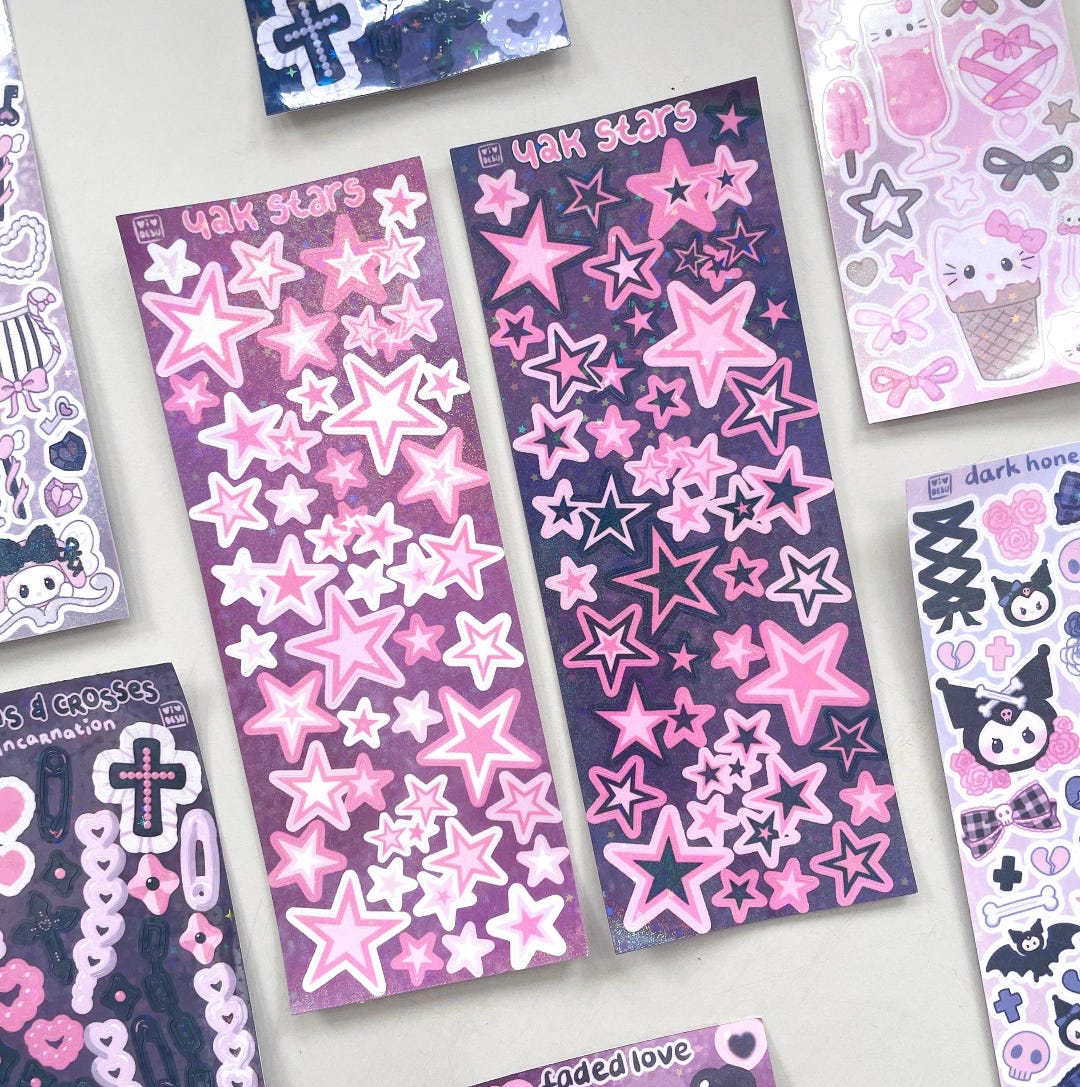 Y2K Stars Deco Sticker Sheet for Journaling Toploaders Kpop Pink White ...