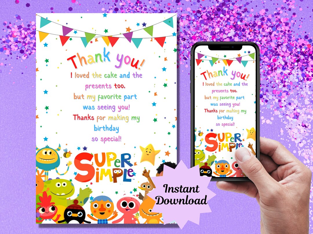 Super Simple Songs Thank You Card: Printable Birthday Party (PNG, PDF ...