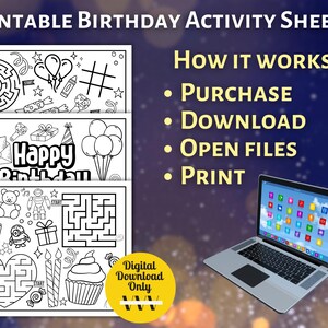 Printable Birthday Activity Sheets: Coloring Pages & Maze (PDF File) - Etsy
