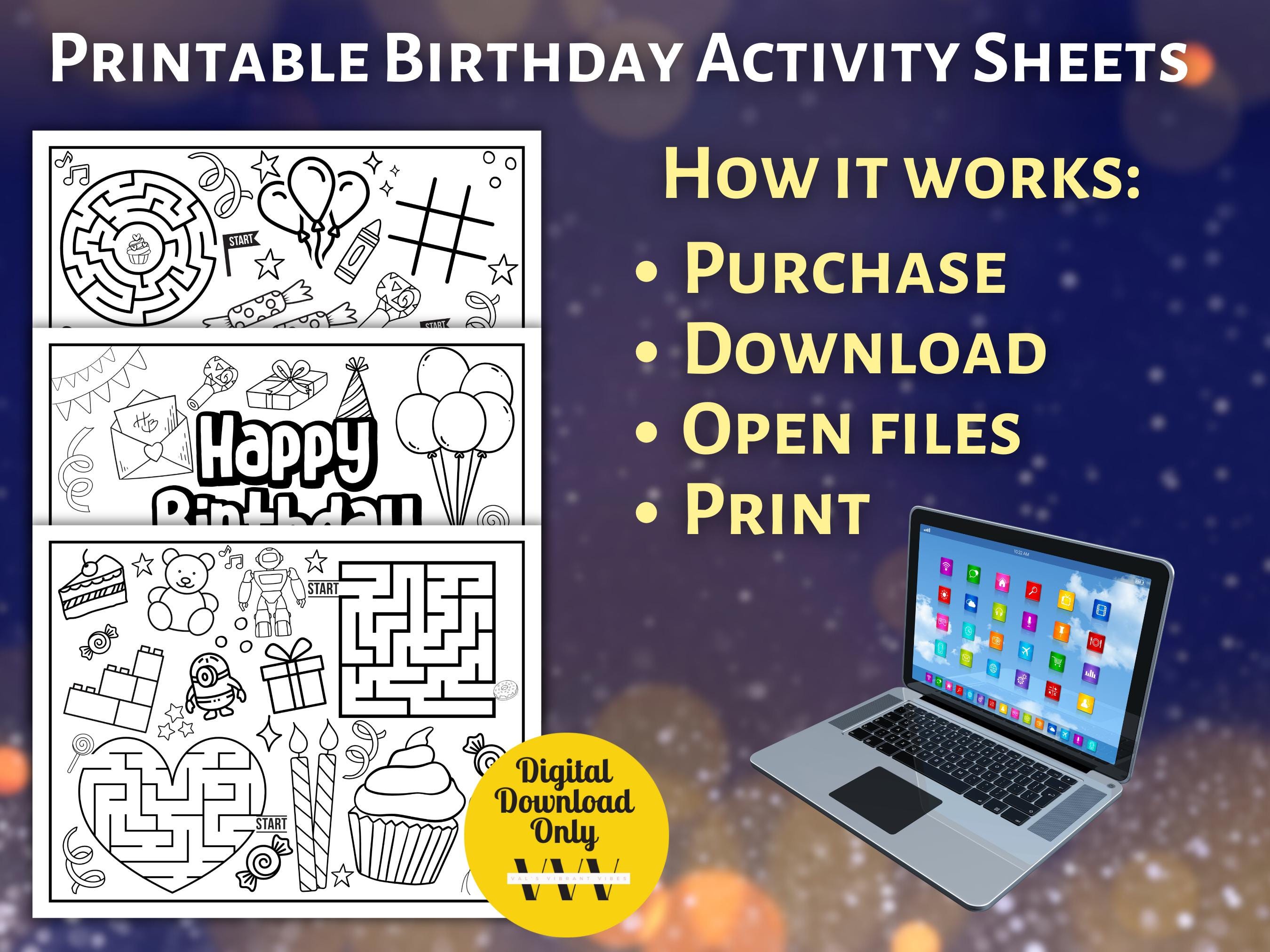 Printable Birthday Activity Sheets: Coloring Pages & Maze (PDF File) - Etsy