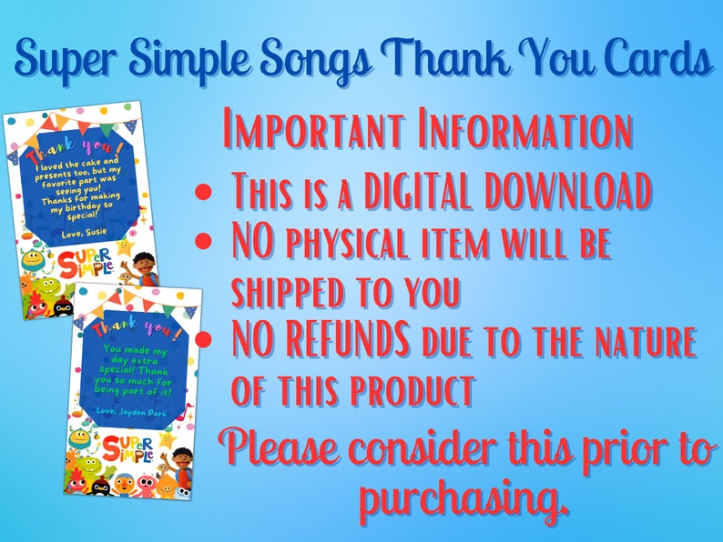Super Simple Songs Thank You Card Editable Template 4 - Etsy
