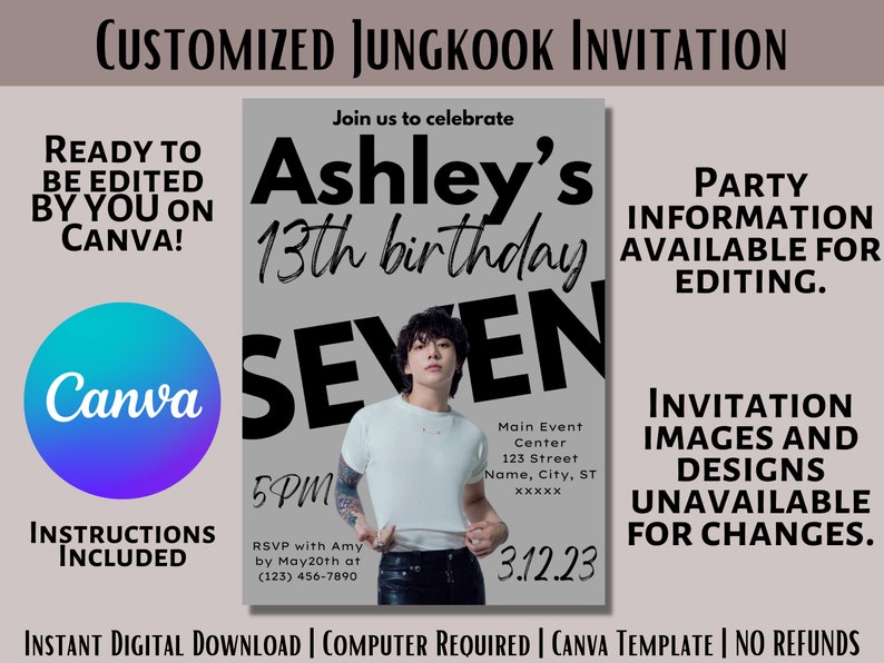 BTS Jungkook Birthday Invitation: Kpop Party Printable (digital ...
