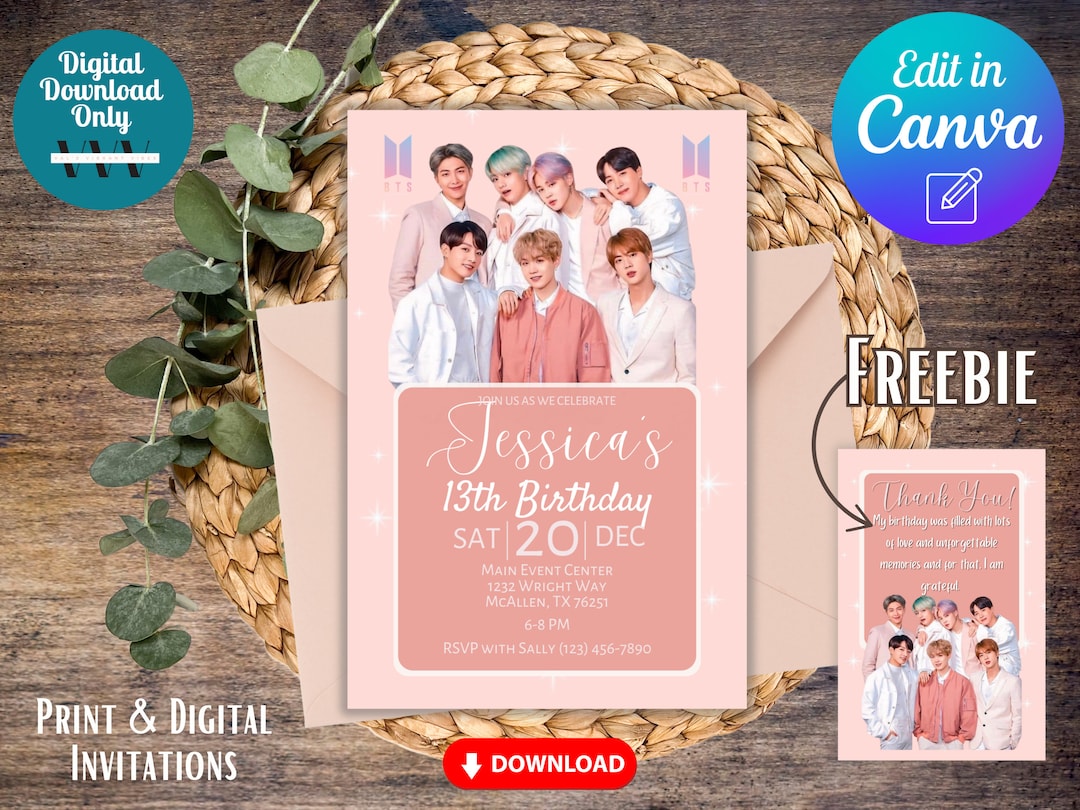 BTS Birthday Card & Freebie Set - Printable, Digital Invite | BTS Party ...