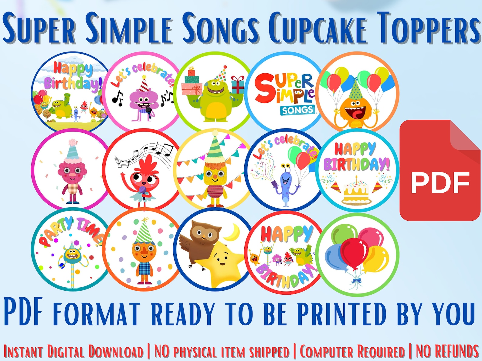Super Simple Songs Birthday Cupcake Toppers, 15-piece Set, Ready to ...