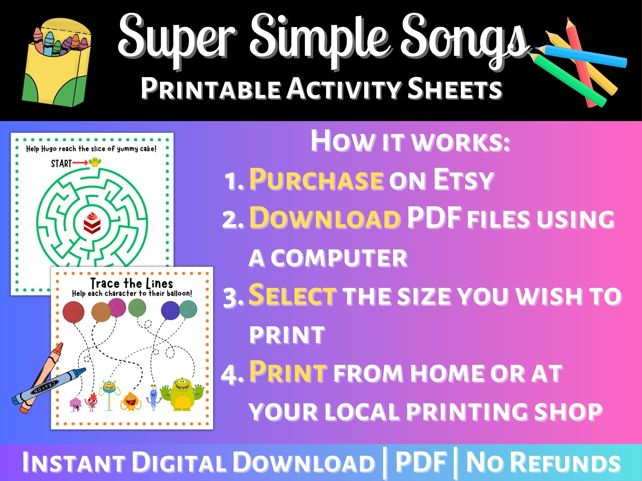 Super Simple Songs Activity Sheets Printable Pdfs 3 Sizes - Etsy