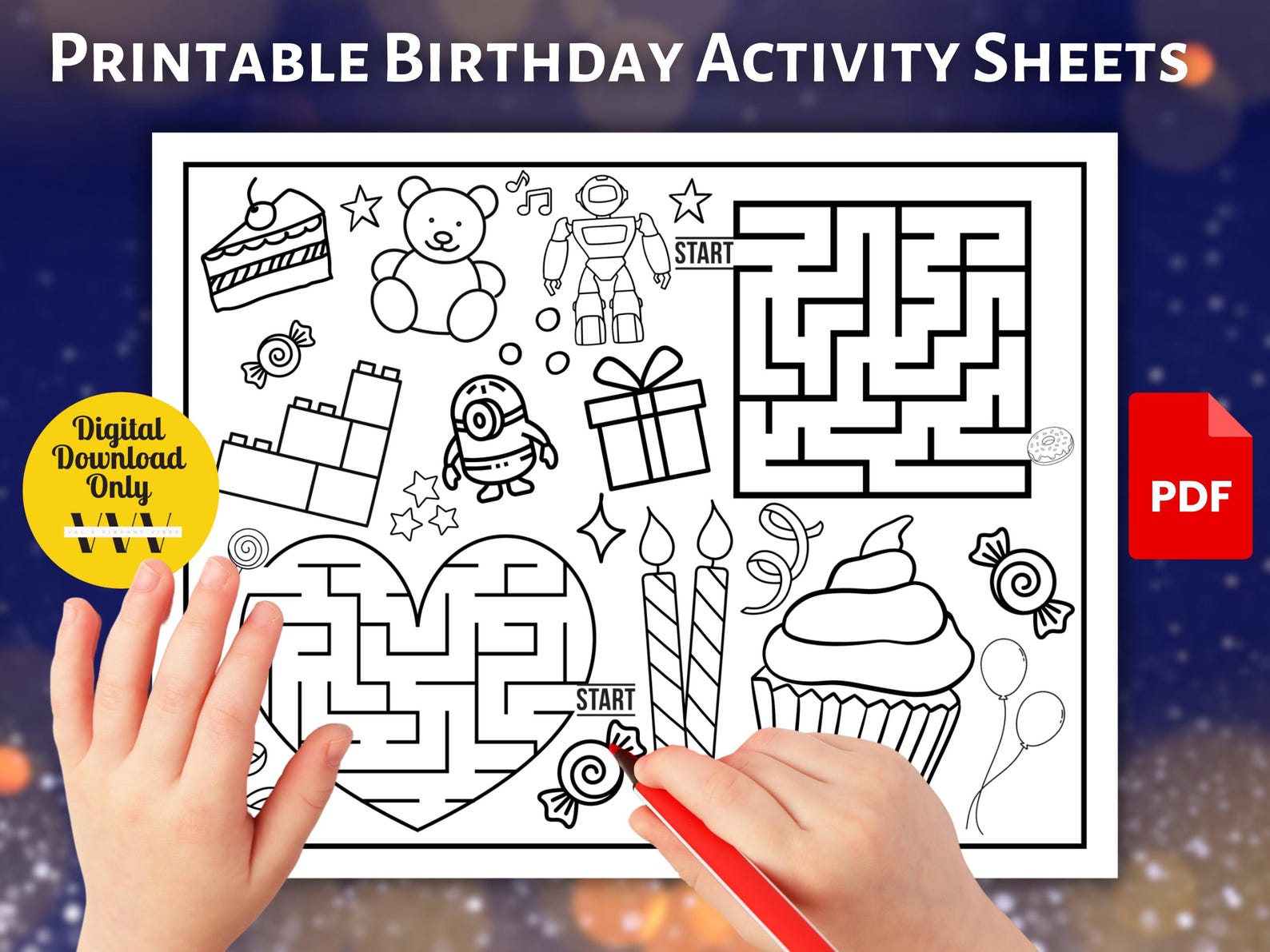 Printable Birthday Activity Sheets: Coloring Pages & Maze (PDF File) - Etsy