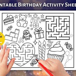 Printable Birthday Activity Sheets: Coloring Pages & Maze (PDF File) - Etsy