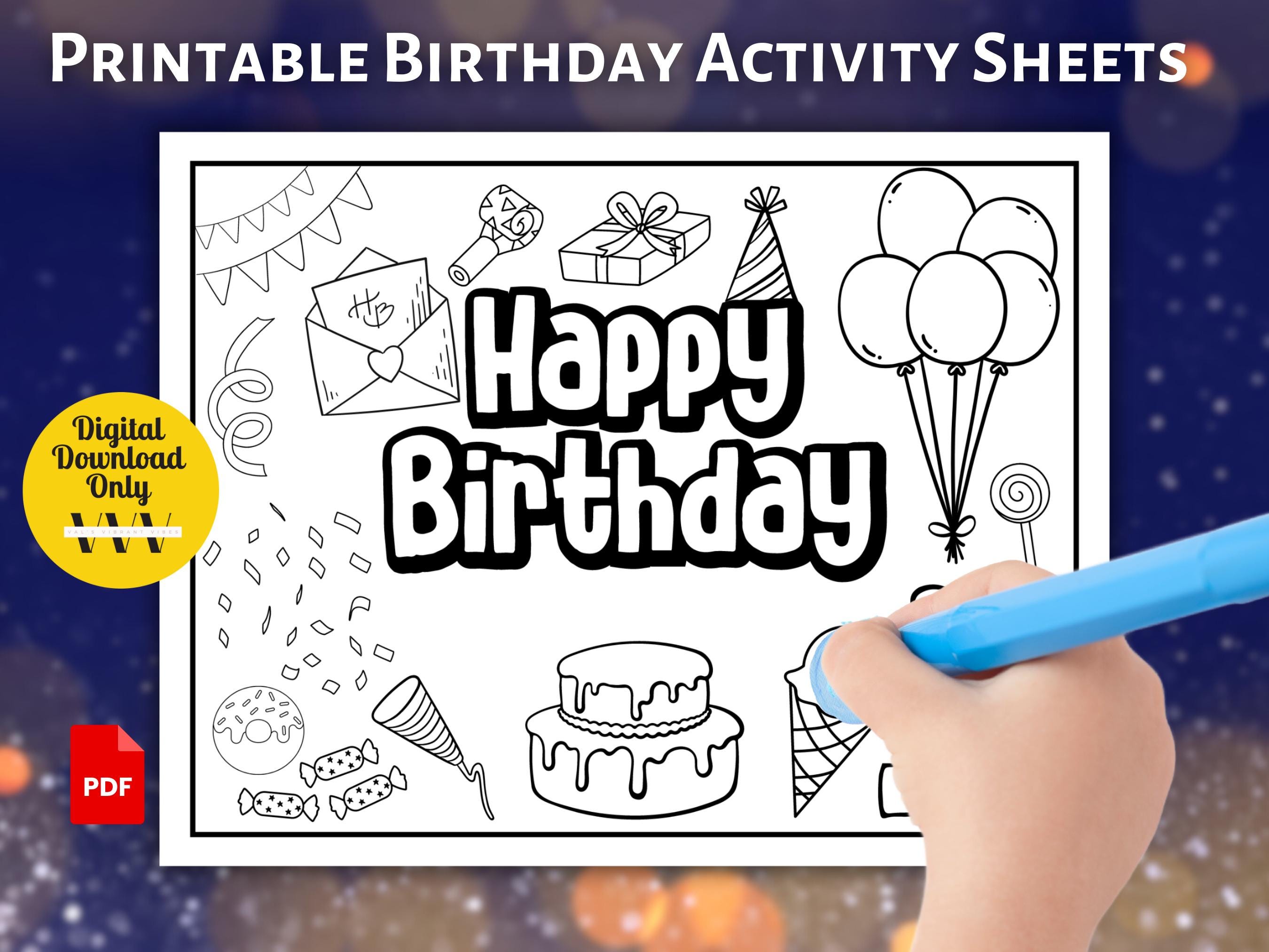 Printable Birthday Activity Sheets: Coloring Pages & Maze (PDF File) - Etsy