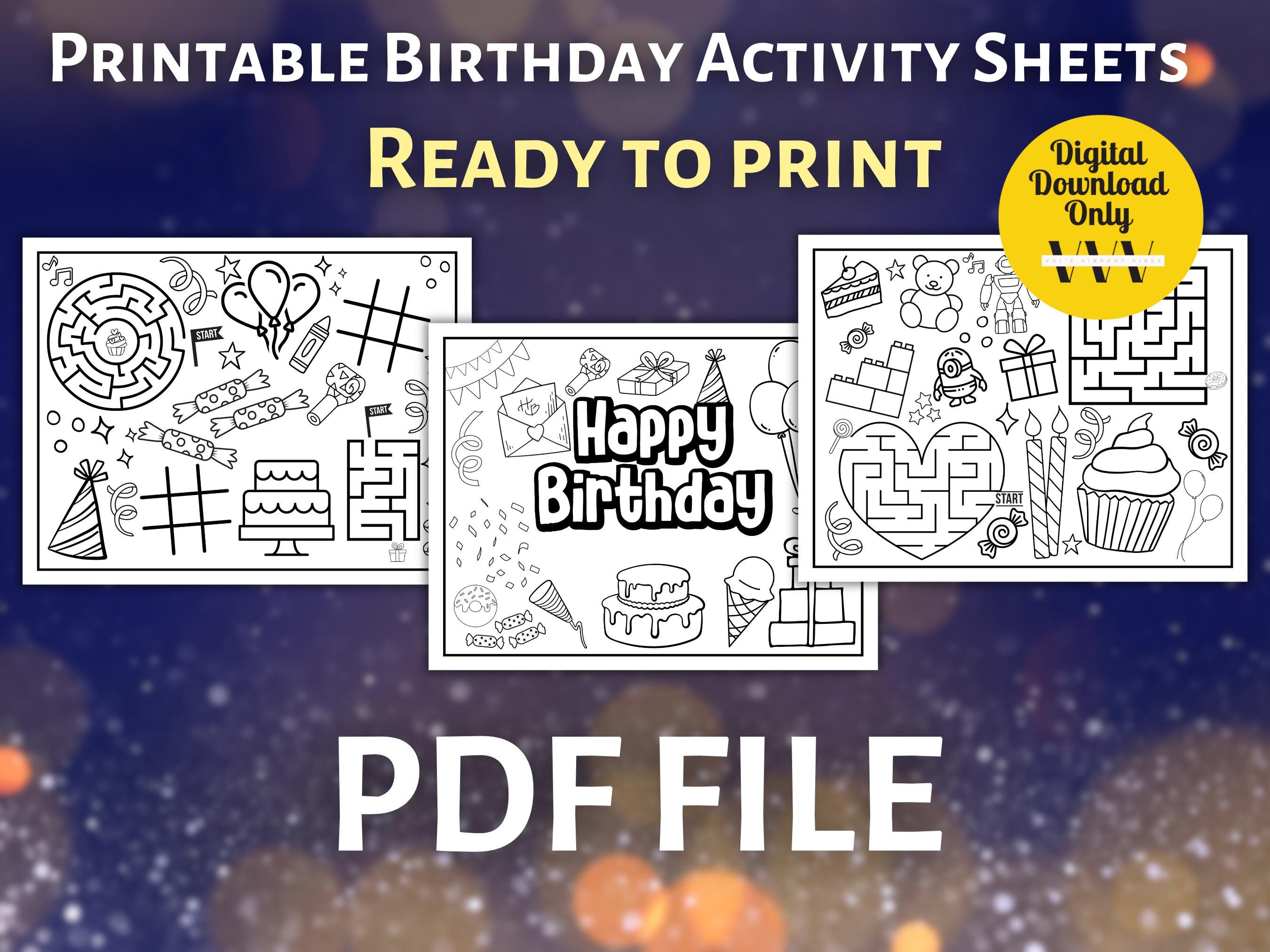 Printable Birthday Activity Sheets: Coloring Pages & Maze (PDF File) - Etsy